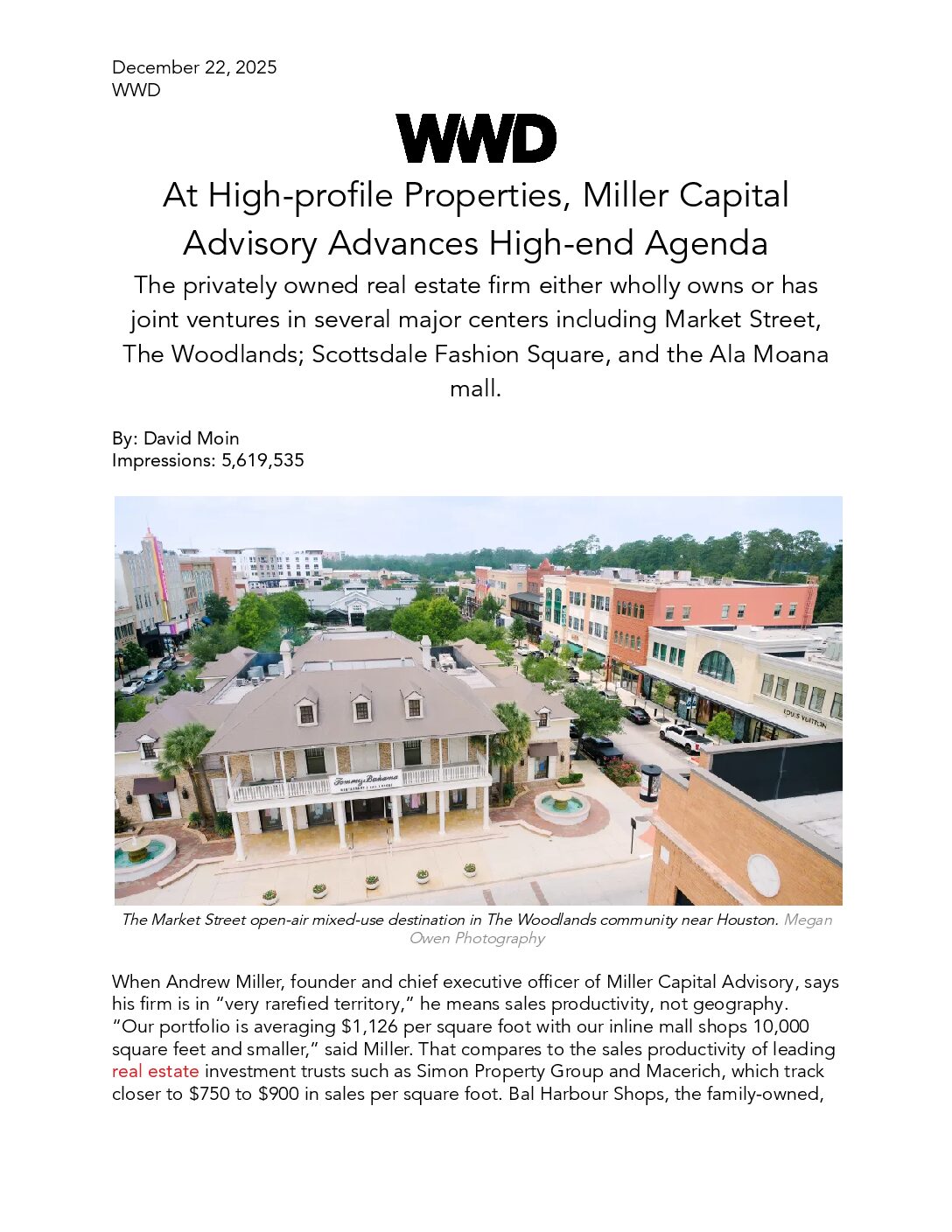 WWD – At High-profile Properties, Miller Capital Advisory Advances High ...